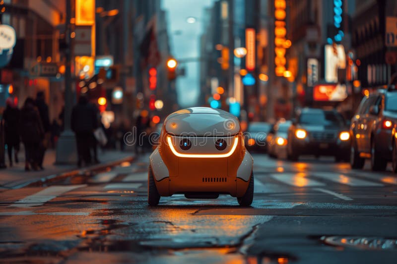 Autonomous Robot Facing City Lights during Dusk Stock Illustration ...