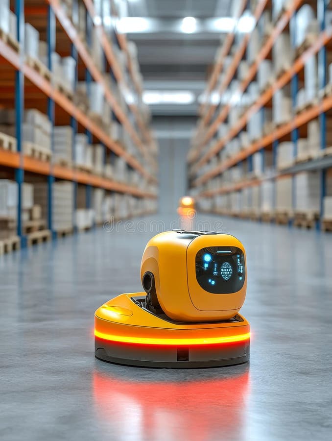 An Autonomous Robot Navigates through a Modern Warehouse Showcasing the ...
