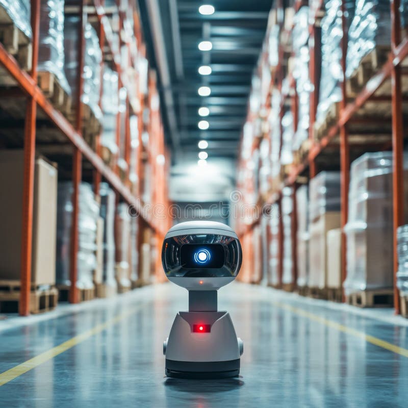 Autonomous Robot Navigating a Warehouse Aisle Stock Illustration ...