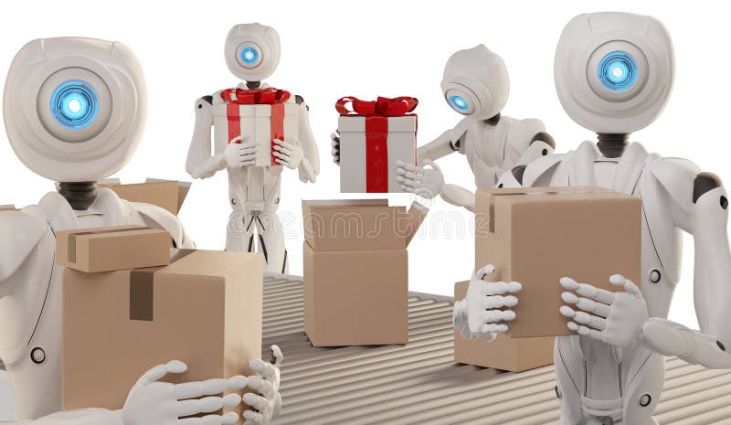 Autonomous Robot Packs Presents in Boxes 3d-illustration Stock ...
