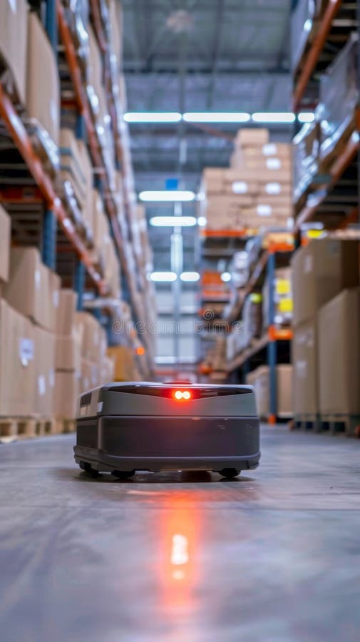 An Autonomous Robotic Ground Vehicle Glides through a Warehouse, Red ...