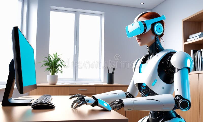 Autonomous Robotic Office Worker Using Computer Stock Image - Image of ...