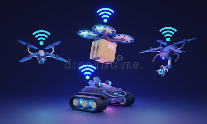 Autonomous Robotics and Machines for Transportation 3D Illustration ...