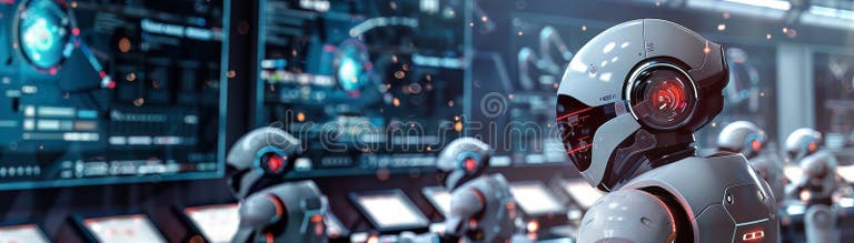 Autonomous Robots Collaborating in an AI Research Lab Screens Displaying Complex Algorithms a ...