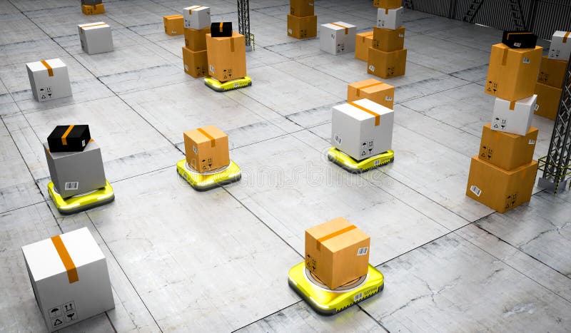 Autonomous Robots Moving Packages in Warehouse Stock Illustration ...