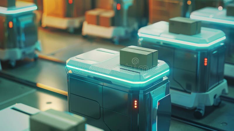 Autonomous Robots Transporting Boxes in Futuristic Warehouse Stock ...