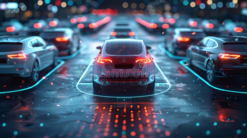 Autonomous Self Driving Cars Moving on Road in Traffic Jam at Night ...