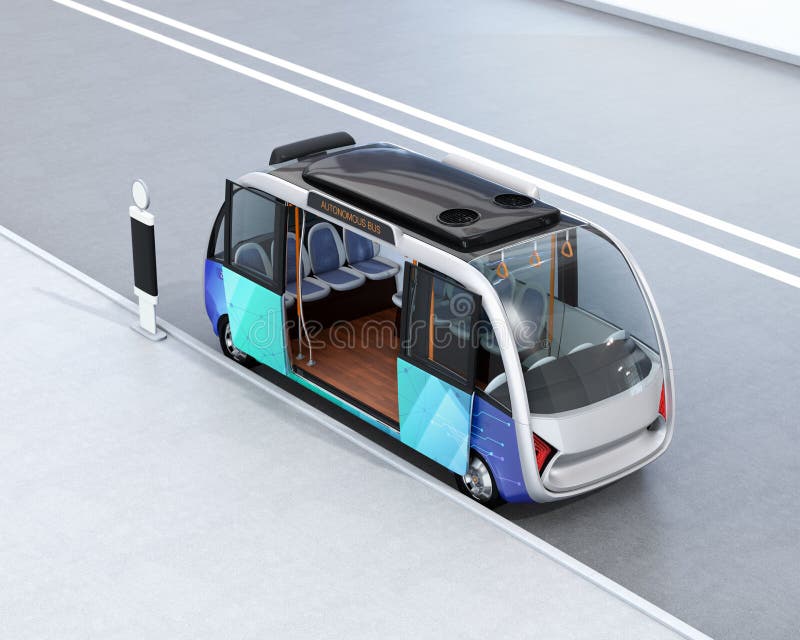Autonomous Shuttle Bus Waiting at Bus Station Stock Illustration ...