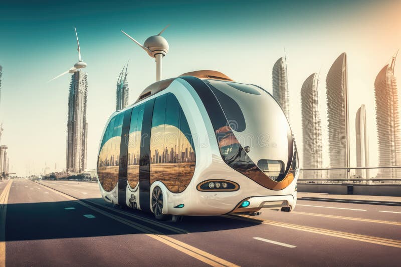 Autonomous Shuttle Transporting Passengers through Futuristic Cityscape ...