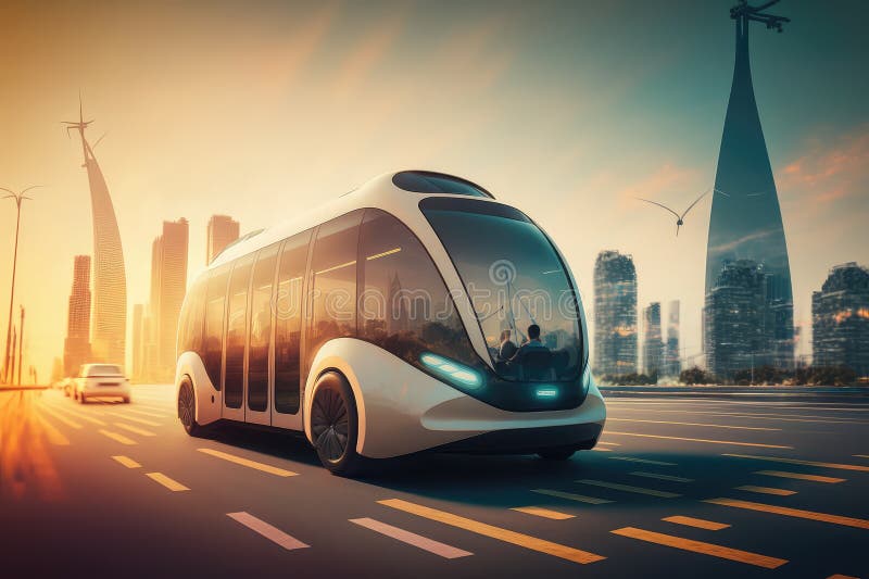 Autonomous Shuttle Transporting Passengers through Futuristic Cityscape ...