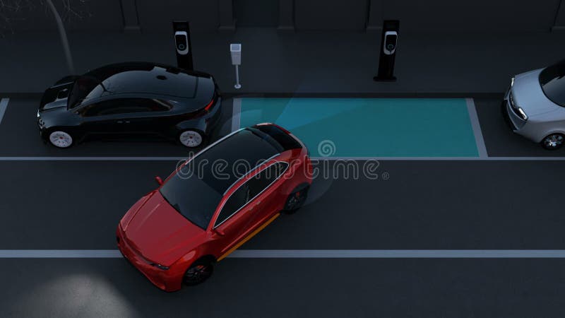 Autonomous SUV is Parallel Parking into Parking Lot at Roadside with ...