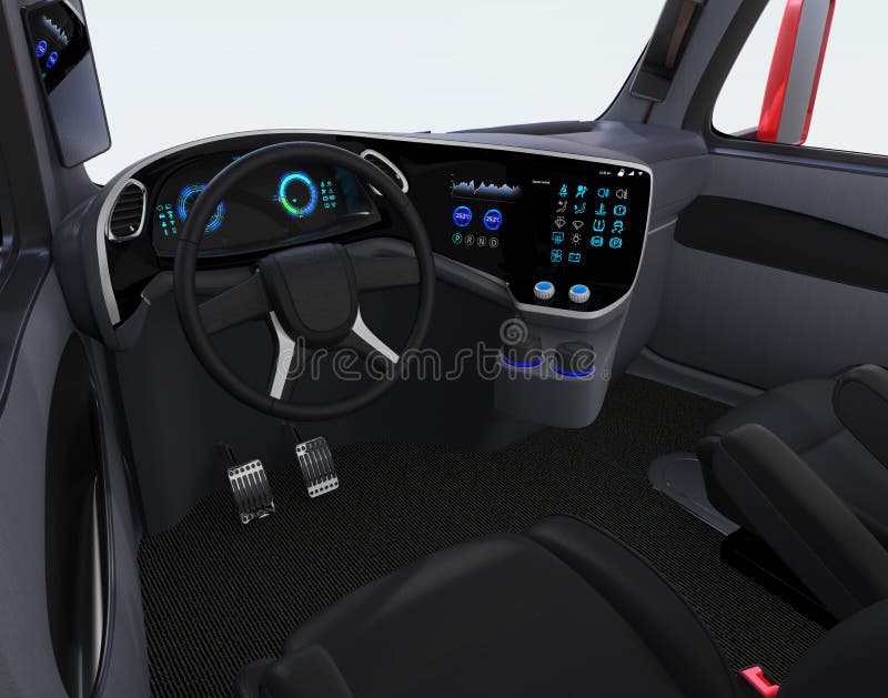 Autonomous Truck Interior with Black Seats and Touch Screen Instrument ...