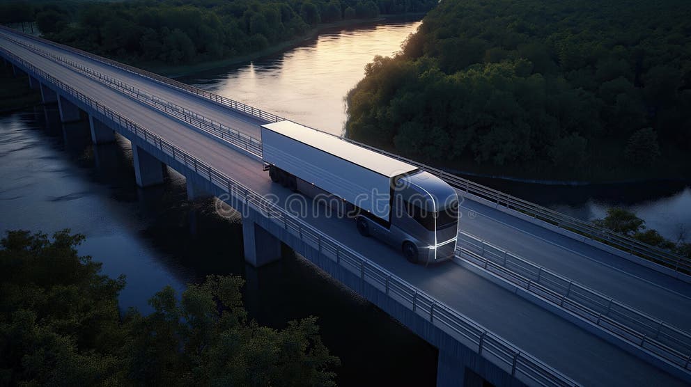 Autonomous Truck with Trailer Driving on Bridge Stock Illustration ...