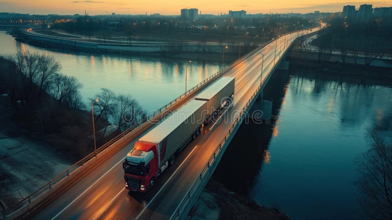 Autonomous Truck with Trailer Driving on Bridge Stock Photo - Image of ...