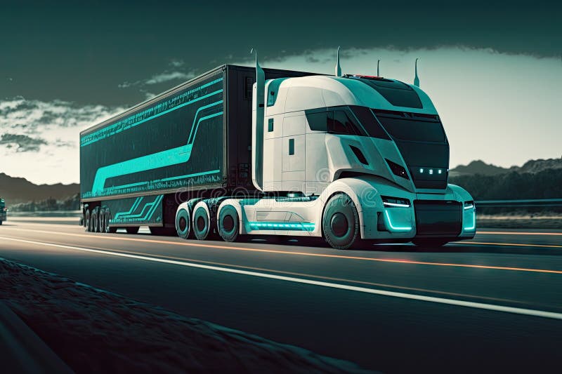 Autonomous Truck Transporting Cargo through Futuristic Cityscape, with ... Autonomous Truck Transporting Cargo through Futuristic Cityscape, with ...