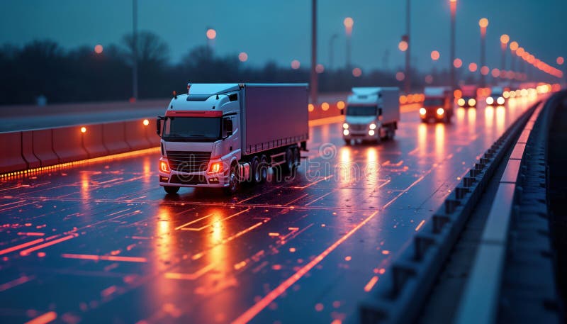 Autonomous Trucks Move on Smart Highway at Twilight. Advanced Tech ...