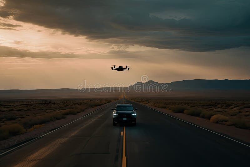 Autonomous Vehicle Driving Down Dark and Deserted Highway, with Drone ...