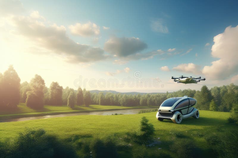 Autonomous Vehicle and Drone Flying Over Lush Green Landscape Stock ...
