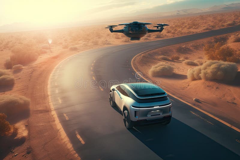 Autonomous Vehicle, with Drone Flying Overhead and Capturing Aerial ...