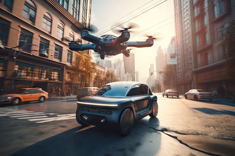 Autonomous Vehicle and Drone Speeding through the City, with in-car ...