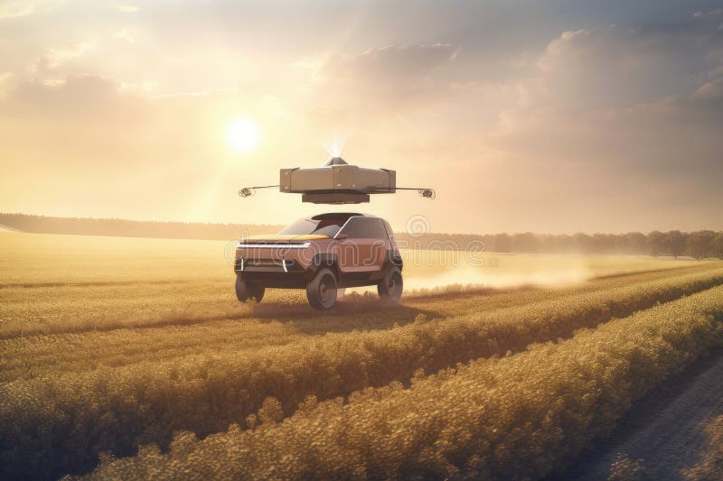 Autonomous Vehicle, with Drone Transporting Package Over Expansive ...