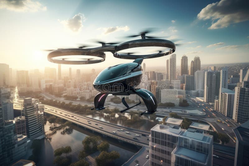 Autonomous Vehicle, Flying Over Drone-captured Cityscape Stock ...