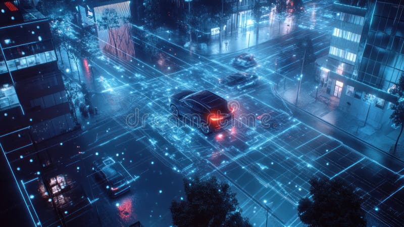 Autonomous Vehicle Navigating a Smart City at Night, Illuminated by ...