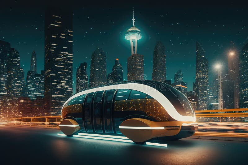 Autonomous Vehicle Transporting Passengers through City at Night, with ...