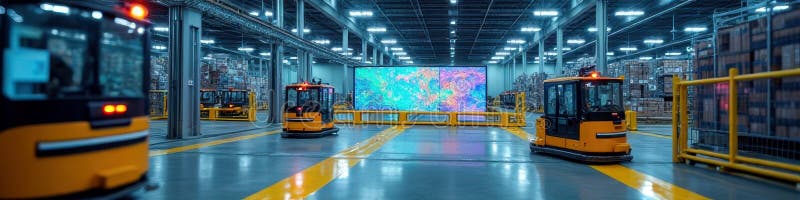 Autonomous Vehicles in High-tech Warehouse with Digital Display Stock ...