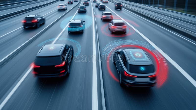 Autonomous Vehicles Navigate Urban Roadway. Cars Move Smoothly in ...