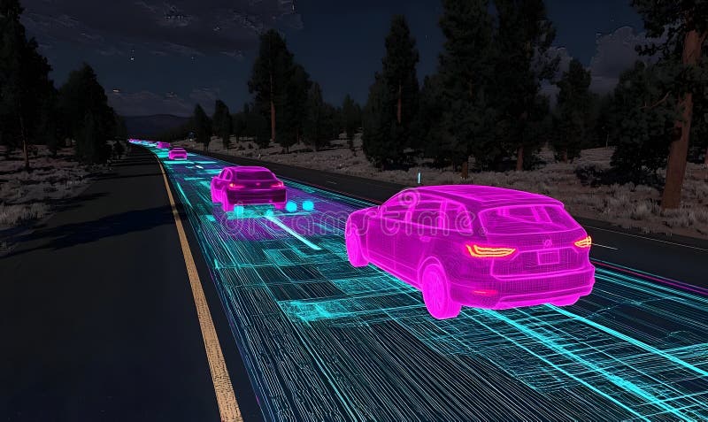 Autonomous Vehicles on Smart Highway at Night Stock Illustration ...