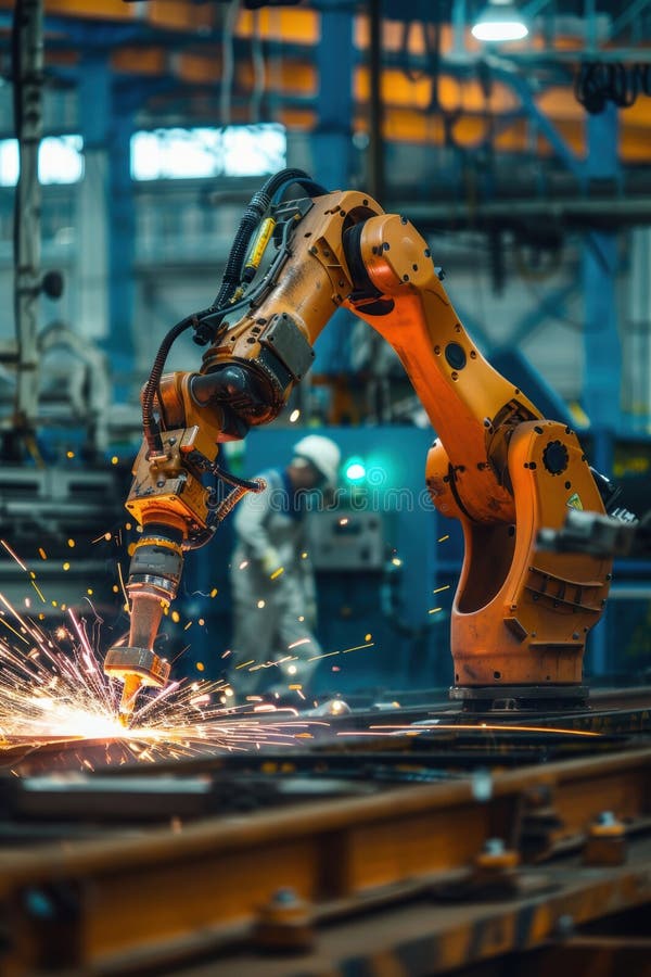 Autonomous Welding Robot in Action at High-Tech Factory with Human ...