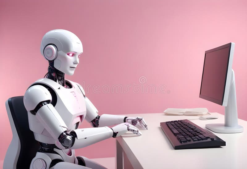 Autonomous White AI Robot Look at a PC Stock Illustration ...