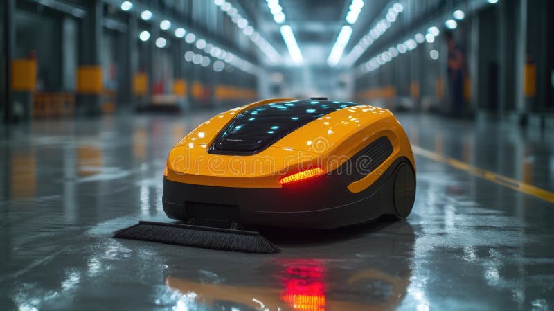 Autonomous Yellow Robot Sweeper in Industrial Warehouse Setting Stock ...