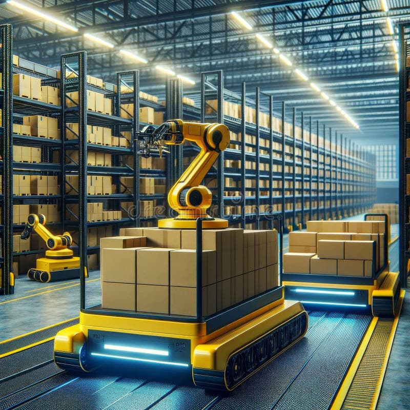 Autonomous Yellow Robots with Packages in Futuristic Warehouse Setting ...