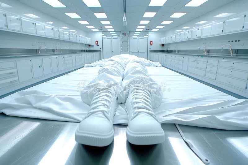 An Autopsy Room with a Body on a Table Under Bright Lights in a ...