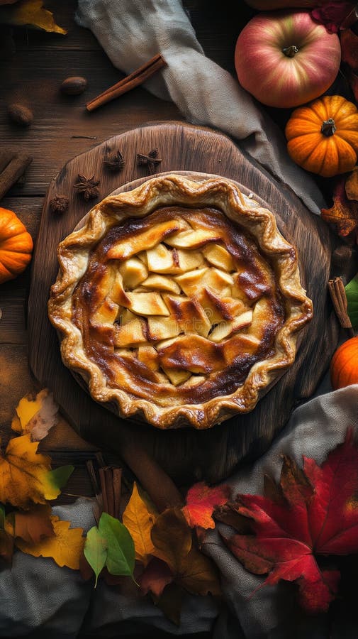 Autumn Apple Pie with Cinnamon and Pumpkins on Rustic Wooden Table ...
