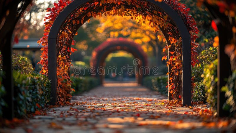 Autumn Archway Walkway in Park, Golden Hour Stock Illustration ...