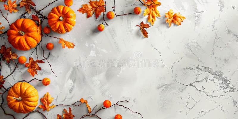 Autumn Backdrop Featuring Orange Pumpkins and Fall Foliage on a Pale ...