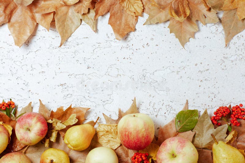 Autumn Background with Apples, Pears and Leaves Stock Image - Image of ...