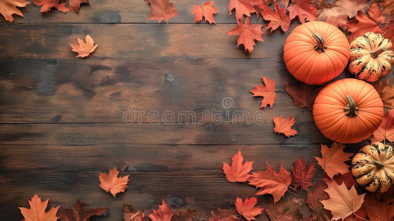 Autumn Background with Fallen Maple Leaves and Pumpkins on Wooden Table ...