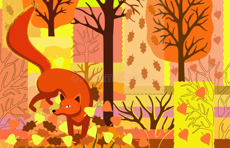 Autumn Background with Fox, Trees and Leaves Stock Vector ...