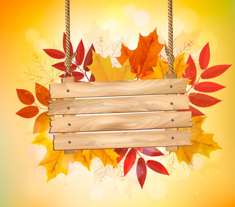 Autumn Background with Leaves. and Wooden Sign Stock Vector ...