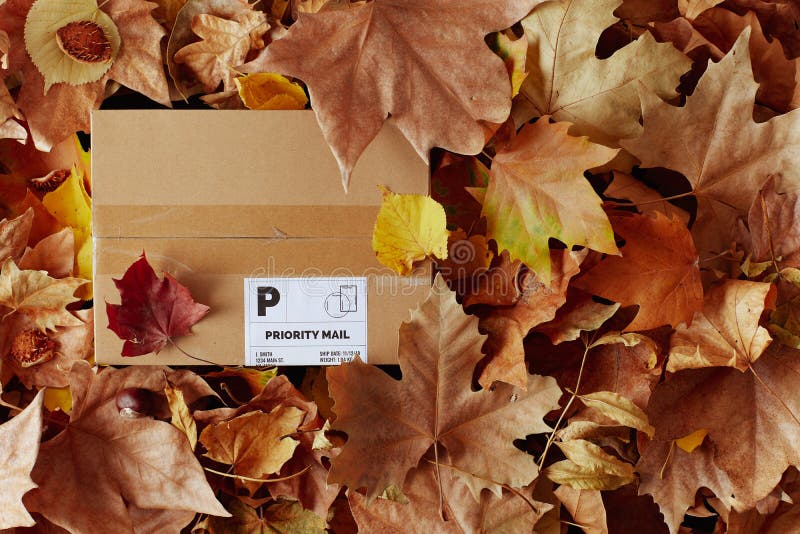 Autumn Background with Parcel and Leaves Stock Photo - Image of order ...