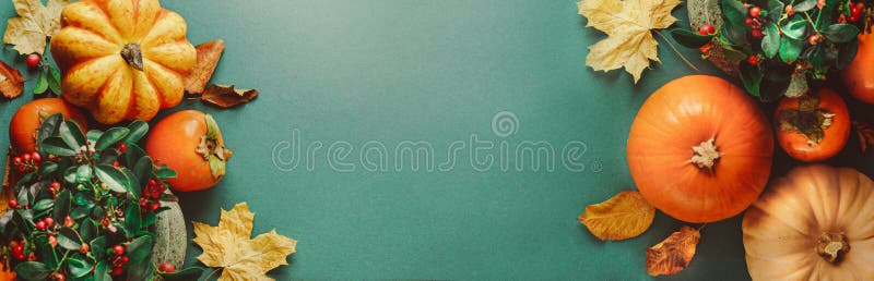 Autumn Background with Pumpkins, Persimmons and Fall Leaves . Top View ...