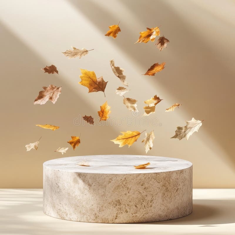Autumn Background with Round Podium and Falling Leaves. 3d Render Stock ...