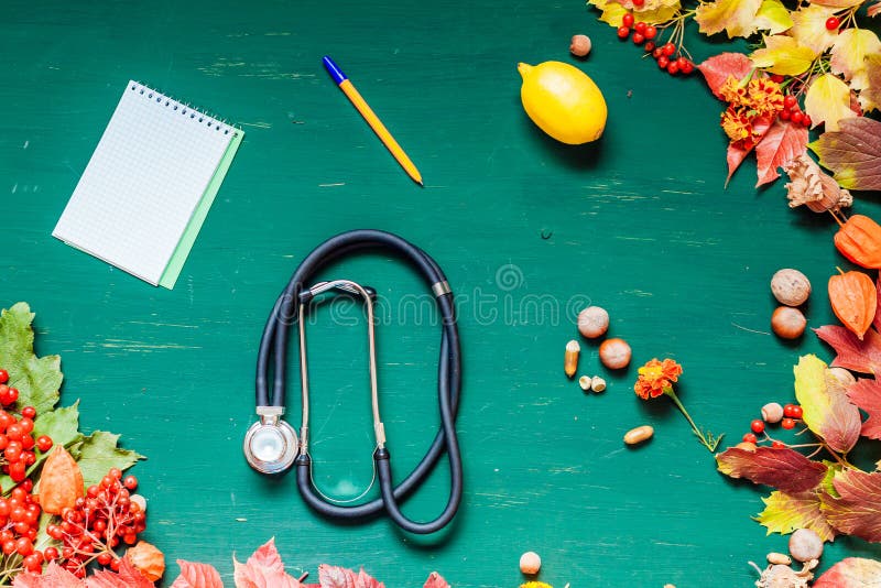 Autumn Background Stethoscope Yellow Leaves Hospital Z Stock Photo ...