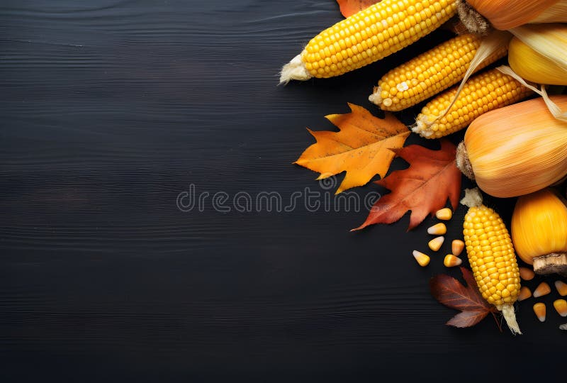 Autumnal Corn, Leaves, and Nuts on Black Wood Stock Illustration ...