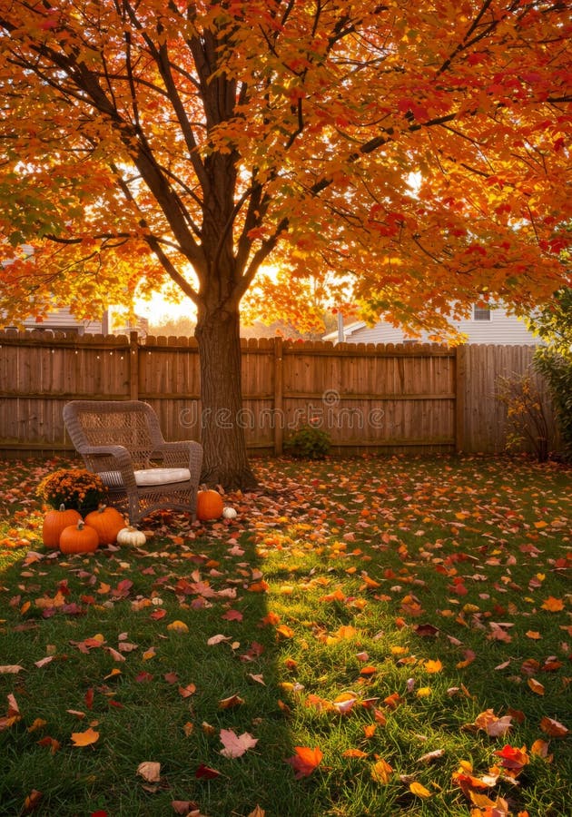 Autumn Backyard Scene with Maple Tree and Pumpkins Stock Illustration ...
