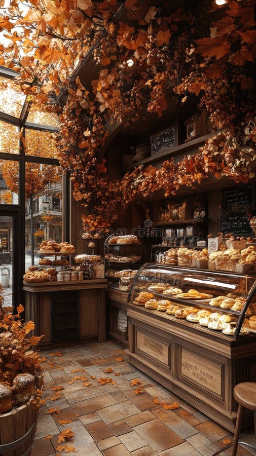 Autumn Bakery Interior with Pastry Display, 3D Illustration Stock ...